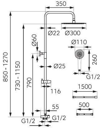 Dušo komplektas FERRO Cava Pro Np57-Bl, 127 x 35 x 30 cm, komplekte ...