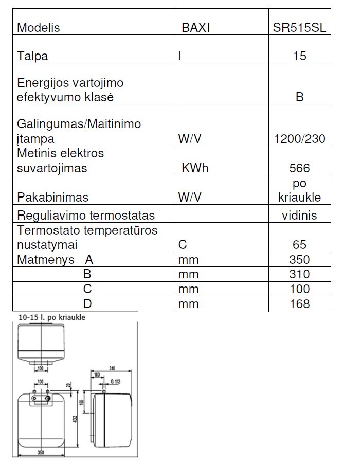 Elektrinis vandens šildytuvas BAXI SR515SL, Talpa 15 L, galia 1,2 kW, montuojamas po kriaukle ...