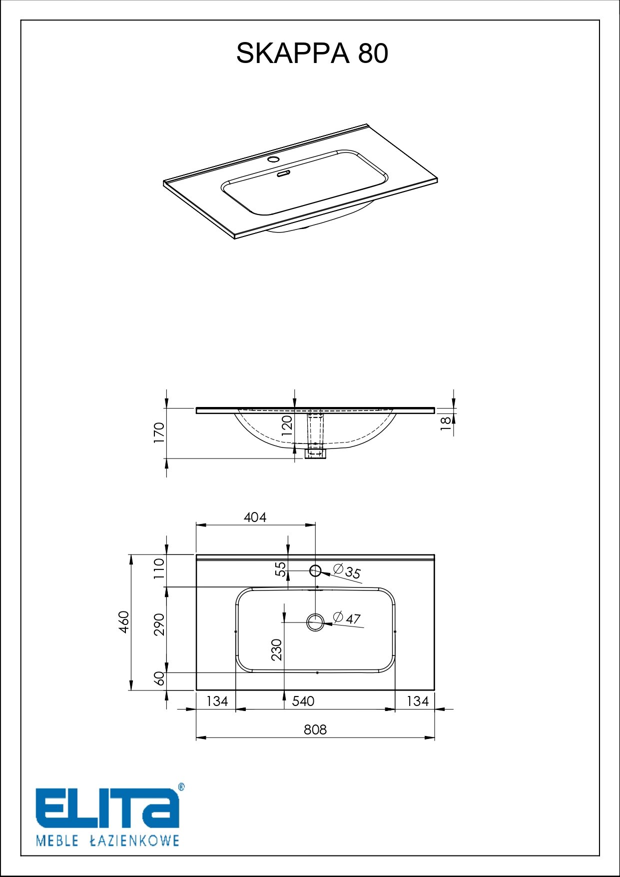 Praustuvas ELITA Skappa 80, 80,8 x 46 x 17 cm, baltas, 145840 | MOKI VEŽI